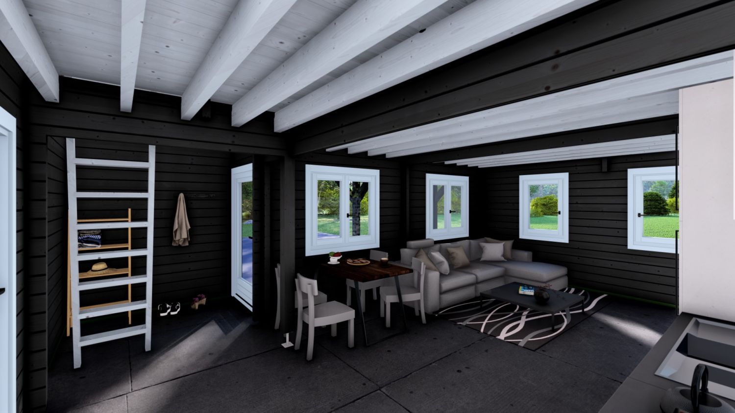 Chalet Frankrijk 1030x610 cm - grijs geïmpregneerd met wit gespoten ramen en deuren | Van Kooten